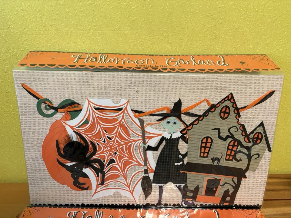 TWO Meri Meri Halloween 8' Garland w/Lg Pennants Skeleton Witch Ghost ...