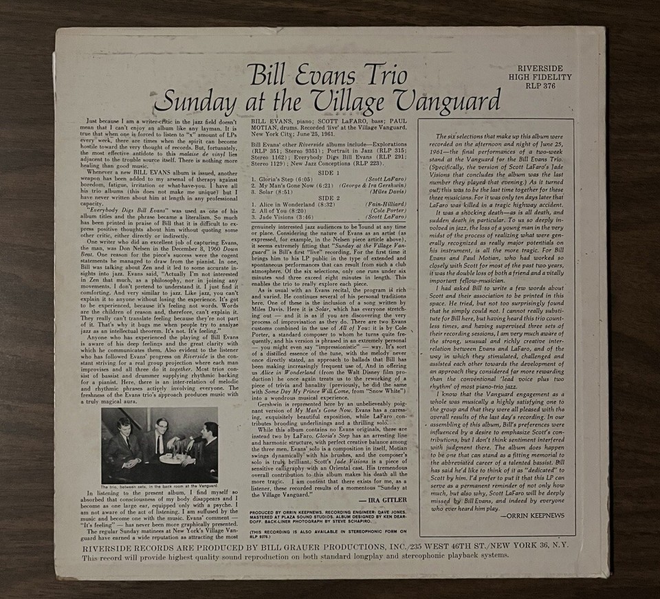 Bill Evans Trio Sunday At Village Vanguard 1st Mono Riverside RLP 376 ...
