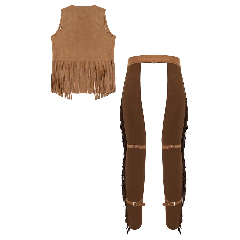 US Mens Faux Suede Cowboy Costume Fringe Vest Tops Rave Outfits Tassel ...