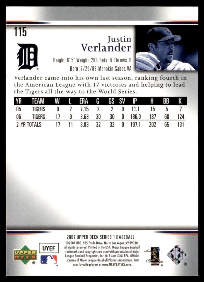 2007 Upper Deck Predictor Edition Green Justin Verlander Detroit Tigers ...