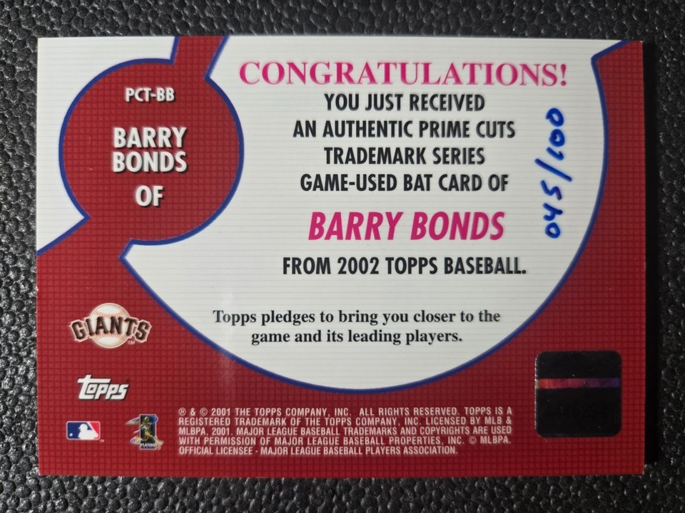2002 Topps * BARRY BONDS PRIME CUTS TRADEMARK SERIES GAME-USED BAT ...