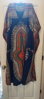 ASHRO Navy Multicolor African Print Long Caftan Dress Sz Free Sz Half ...
