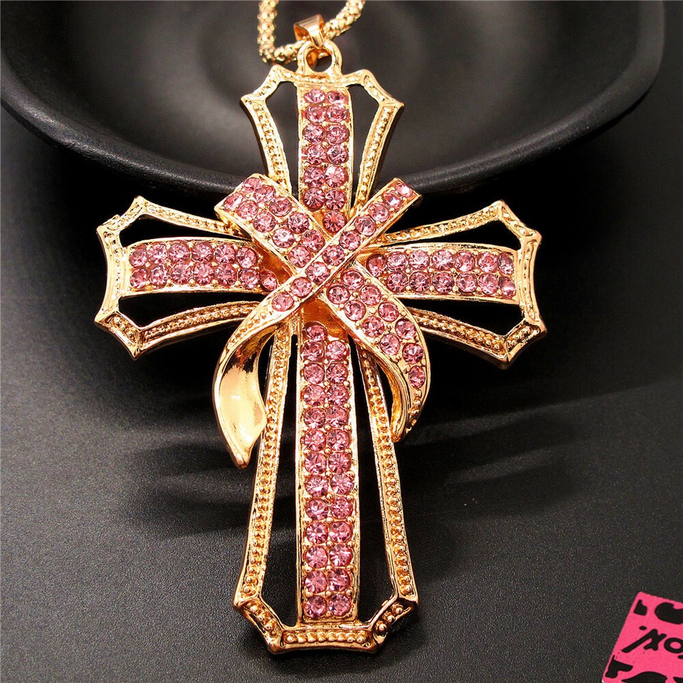 Fashion Women Pink Rhinestone Cross Bling Crystal Pendant Chain ...