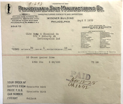 Vintage 1928 Invoice Pennsylvania Salt Manufacturing Co. Philadelphia ...