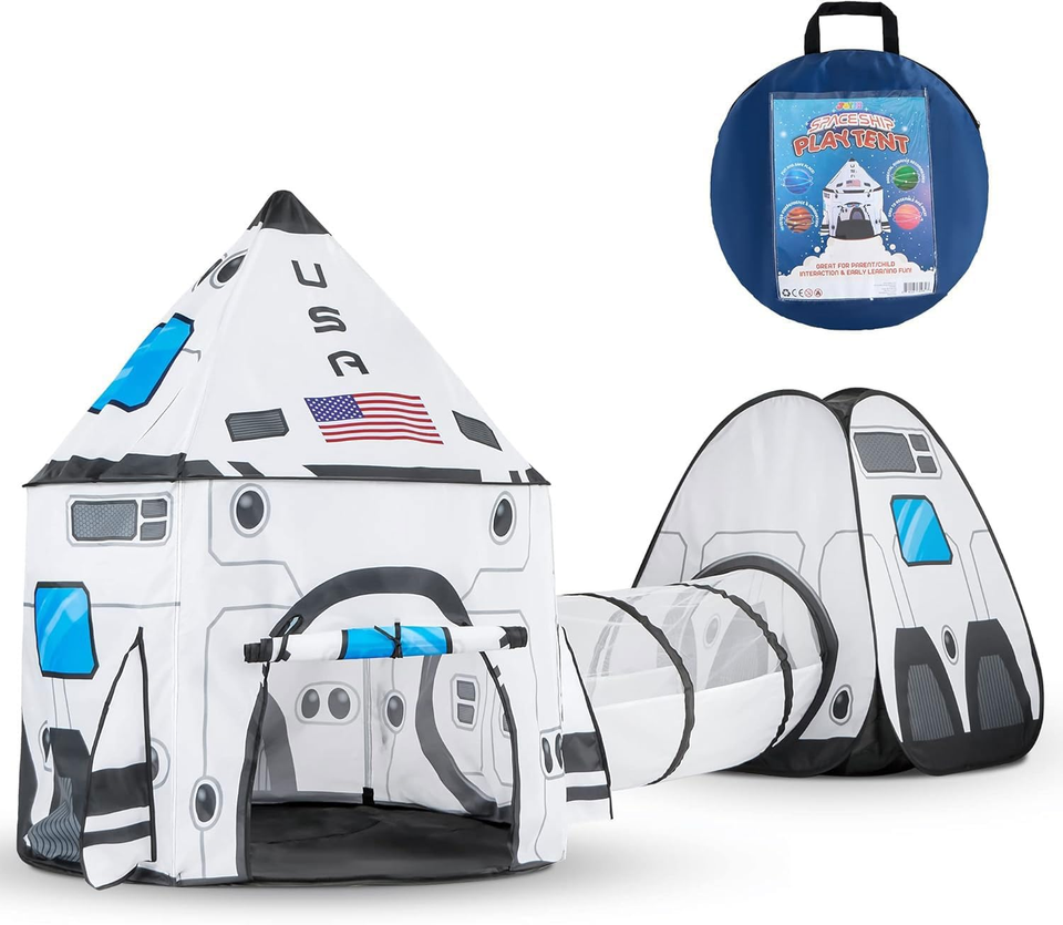 White Rocket Ship Pop up Play Tent with Tunnel and Playhouse Kids ...