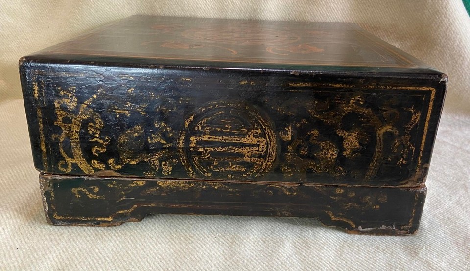 Antique Chinese Laquer Box Bats 1800 Lucky Long life Shou Black gold 5 ...