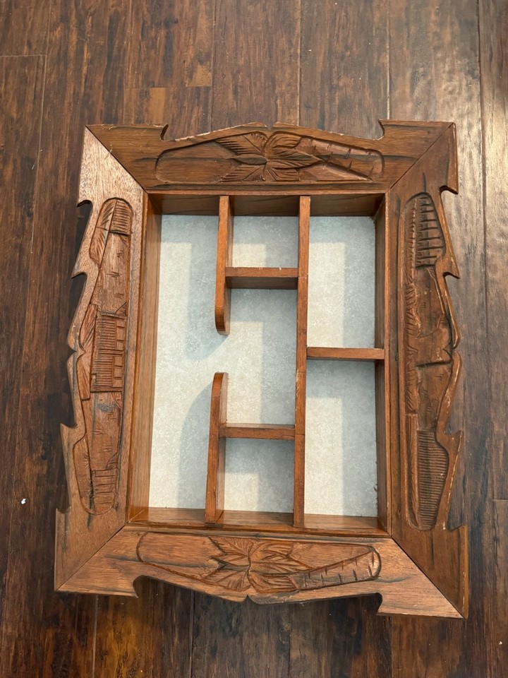 Vintage Mid Century Wooden Shadow Box Mirror Shelf Tiki Hut Tropical ...