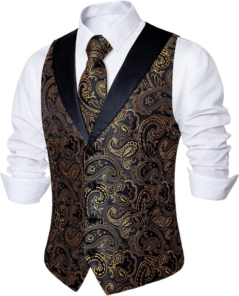 DiBanGu Mens Paisley Suit Vest Silk Jacquard Waistcoat and Necktie Set ...