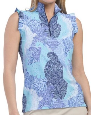 NWT Ladies G LIFESTYLE Blue Paisley Ruffle Sleeveless Golf Shirt - M L ...