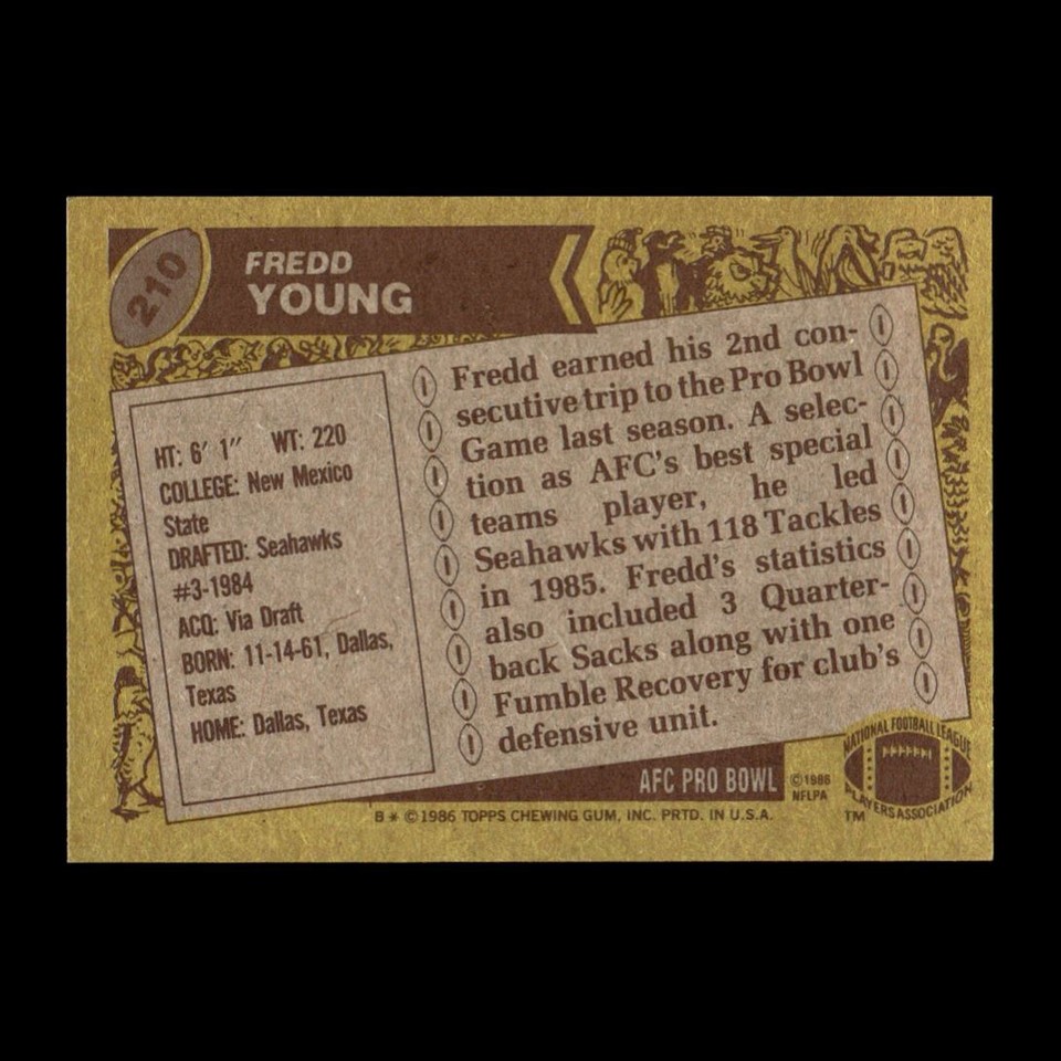 Fredd Young 1986 Topps Seattle Seahawks #210 R326H 22 | eBay