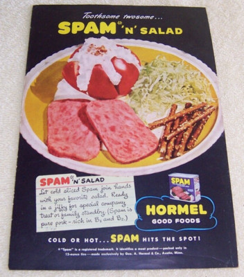 1944 Ad ~ Hormel SPAM "Toothsome twosome...Spam 'n Salad" | eBay