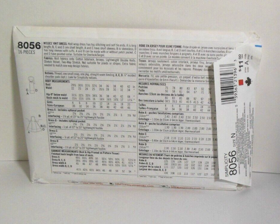 Simplicity Sewing Pattern 8056 Knit Wrap Dress Size N 10 12 14 Free US ...