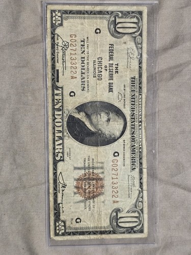 1929 Federal Reserve Bank Of Chicago $10 Ten Dollar Yellow Seal Note ...