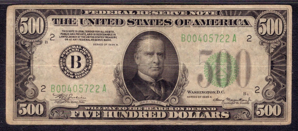 1934 A $500 FEDERAL RESERVE NOTE CURRENCY NEW YORK FR.2202-B PMG VERY ...