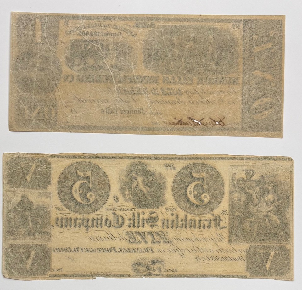Obsolete Bank Notes 1830's OHIO OH * $1 Munroe & $5 Franklin Silk Co ...