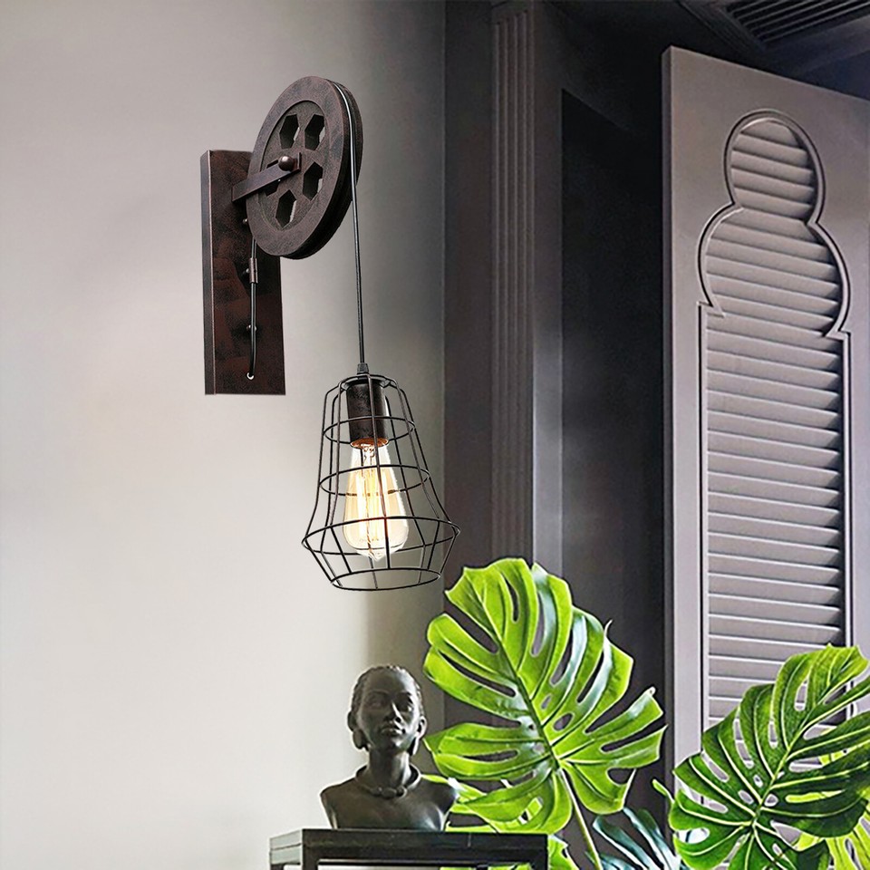 Retro Industrial Wall Light Rusty Wheel Pulley Sconce Wall Lamp Fixture ...