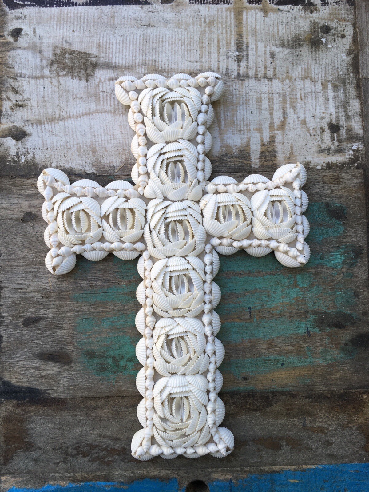 Hand Made Shell Cross- Boho Coastal Deco, Shell Flowers -31X 21cm-A | eBay