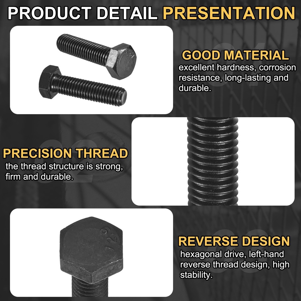 2Pcs M12-1.75 x 45mm Left Hand Hex Head Bolt, Black Oxide Carbon Steel ...