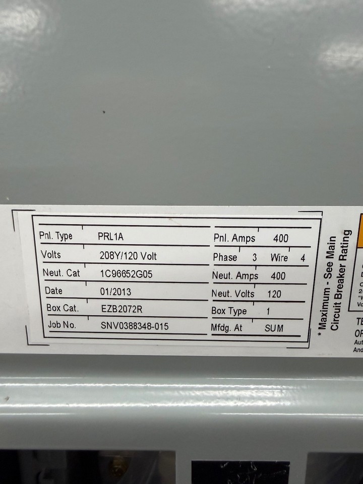 EATON PRL1A 400A MAIN BREAKER PANEL 208/120v 3PH 4W 42 CIRCUIT 350A ...