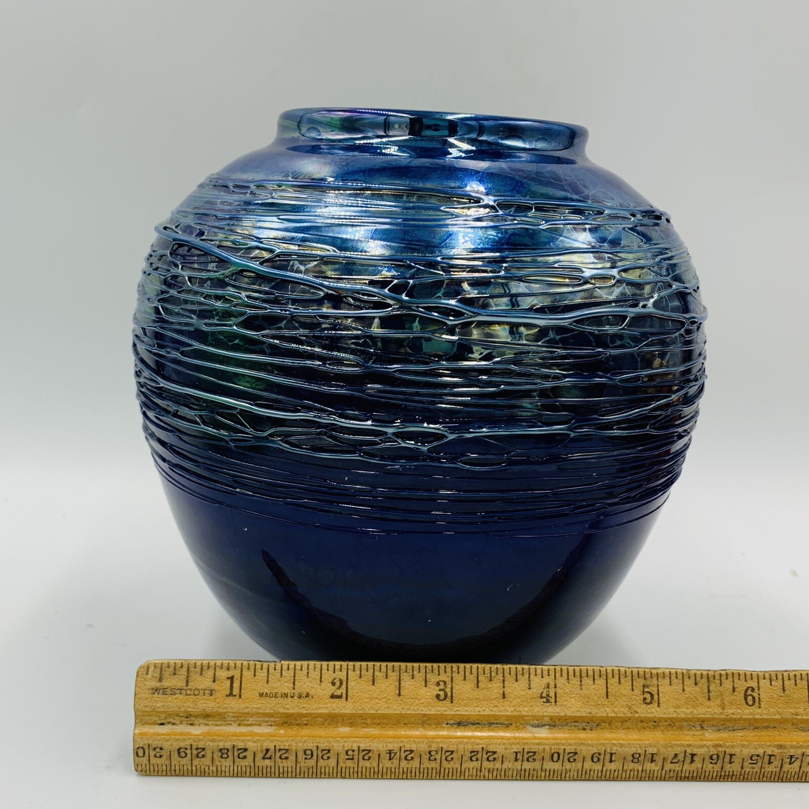 1981 Eric Brakken Blown Art Glass Vase Threaded Blue Metallic ...
