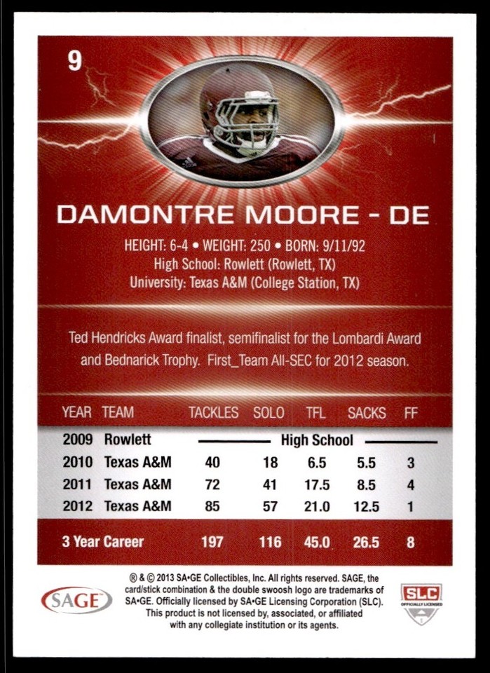 2013 SAGE HIT Damontre Moore Rookie G121 Texas A&M Aggies #9 | eBay