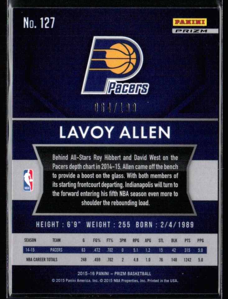 Lavoy Allen 2015-16 Panini Prizm Light Blue /199 #127 Indiana Pacers | eBay