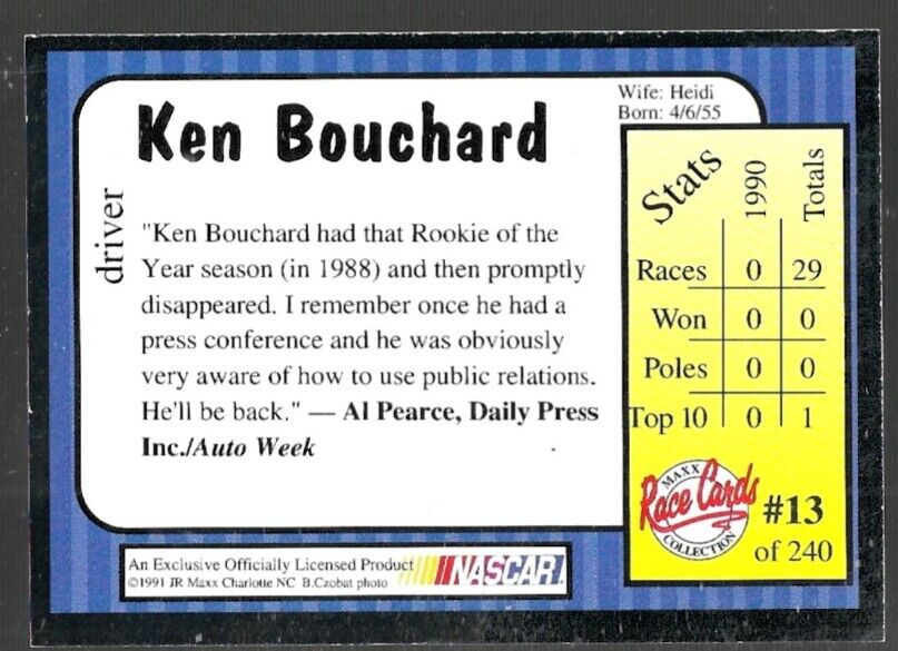 NASCAR KEN BOUCHARD signed 1991 MAXX racing card #13 - 7 | eBay