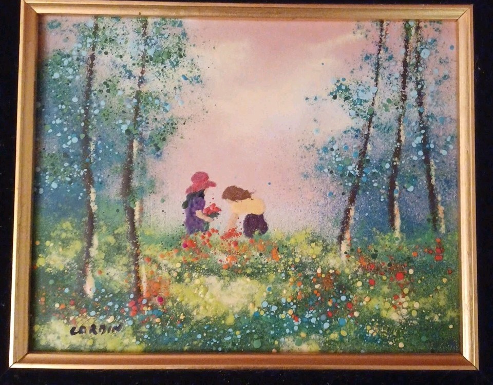 Louis Cardin Signed Enamel On Copper Framed Painting - Girls Picking ...