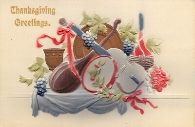 Embossed Airbrushed Thanksgiving Postcard Guitar Mandolin Musical ...