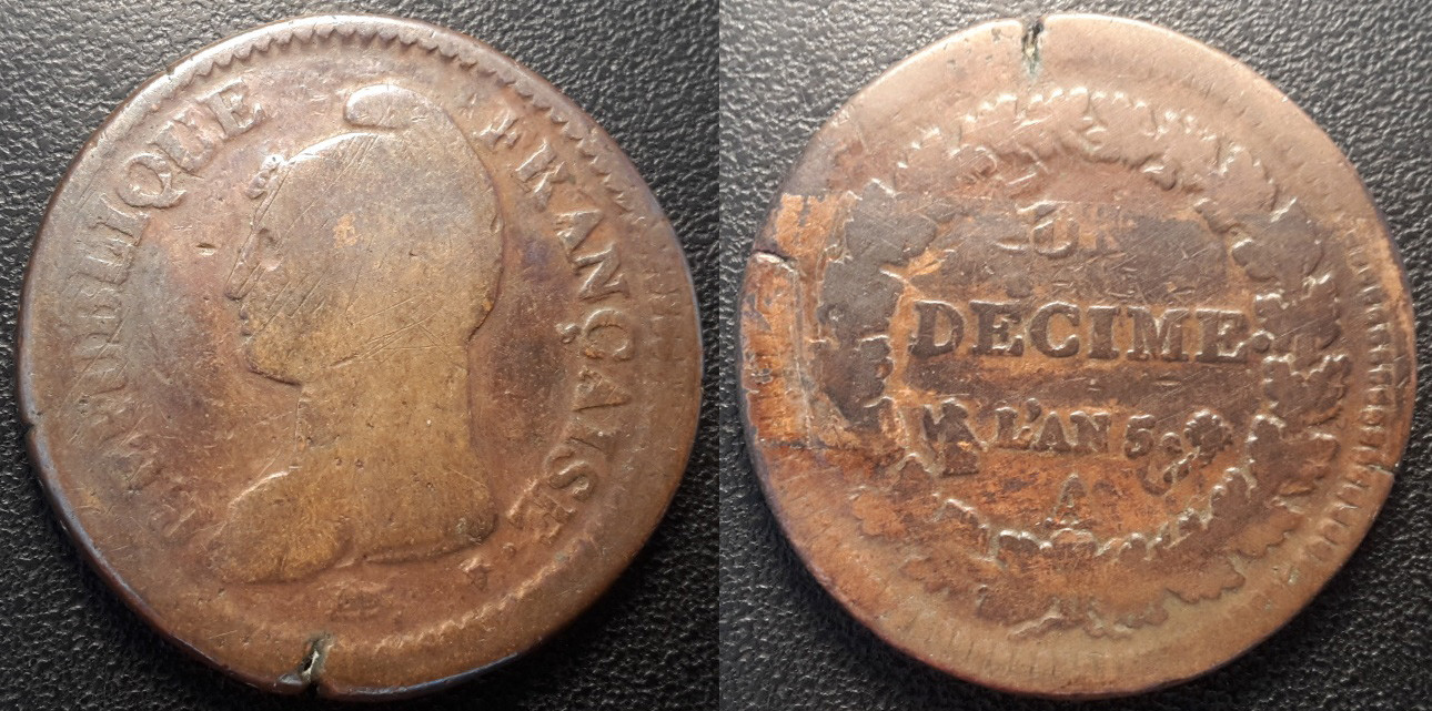 French Revolution - 1 Decime "Refrappage Du 2 Decimes" Year 5 A, Paris ...