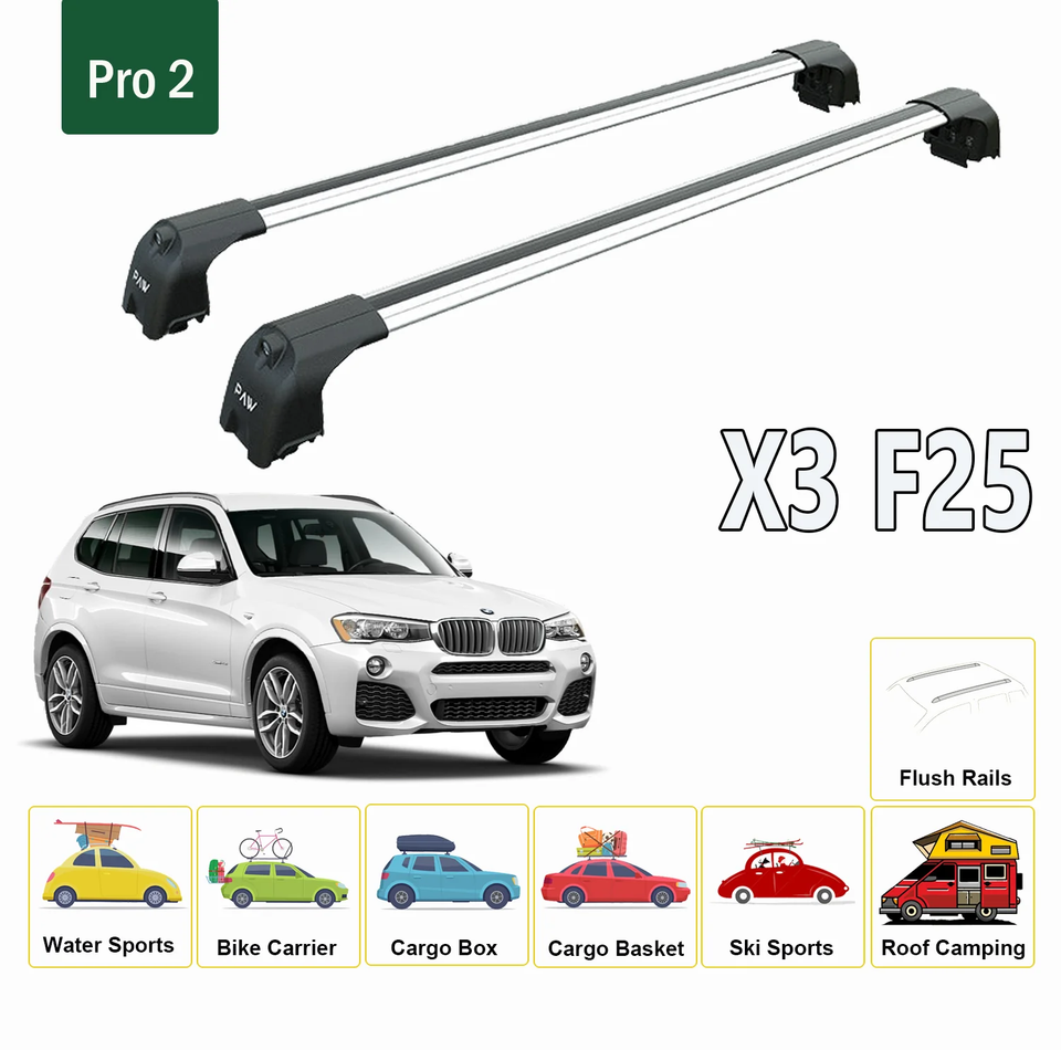 For BMW X3 F25 2010-17 Roof Rack Cross Bars Metal Bracket Flush Rails ...