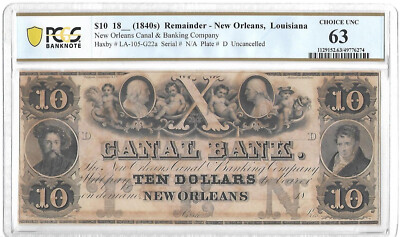 1840s $10 Paper Money New Orleans Banknote PCGS 63 UNC Vintage Canal ...