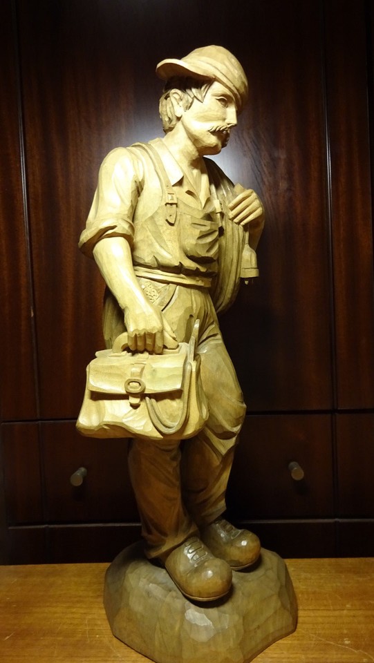 18" HAND CARVED WOOD ELECTRICIAN ELECTRICAL WORKER FIGURE SCULPTURE ...