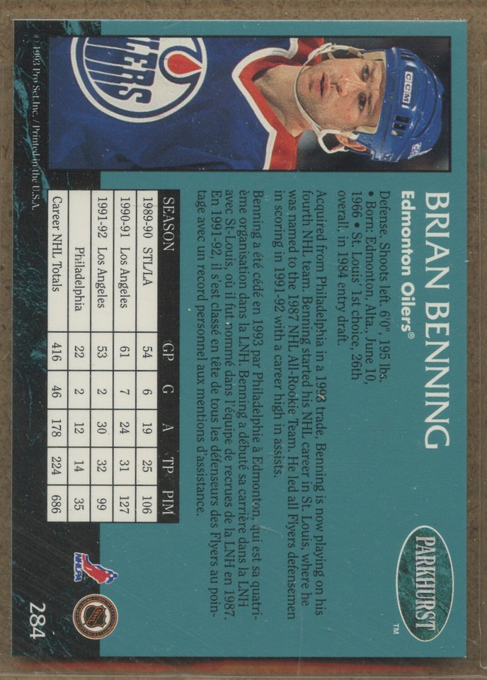 1992-93 Parkhurst #284 Brian Benning Edmonton Oilers | eBay
