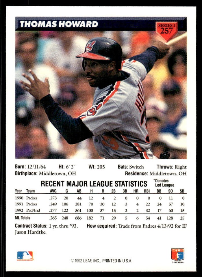 1993 Donruss 257 Thomas Howard Cleveland Indians Baseball Card | eBay