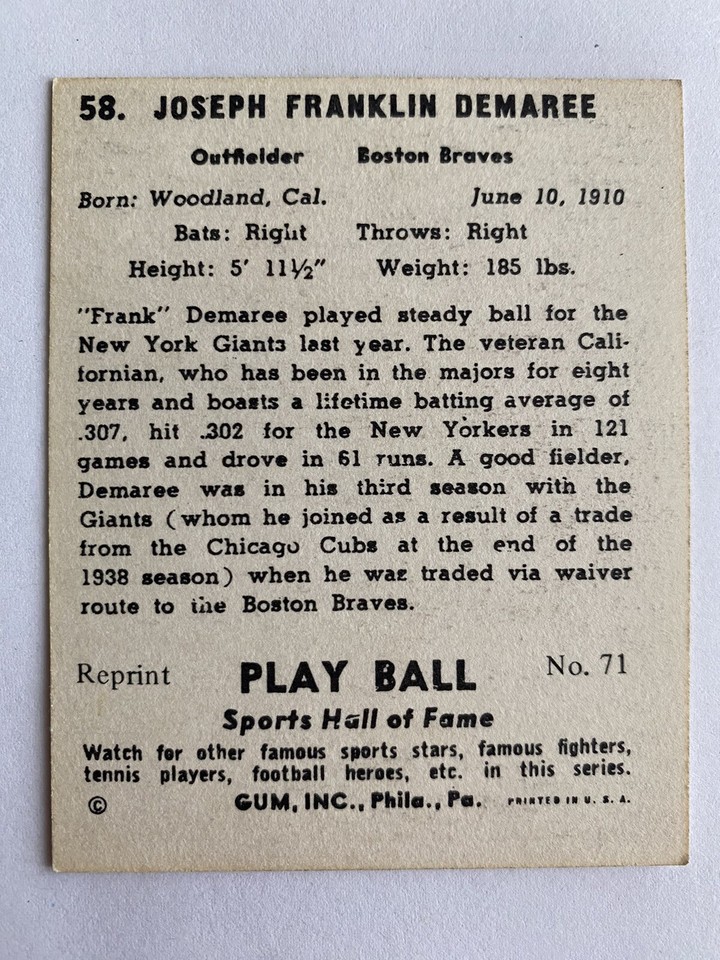 1941 Play Ball Reprints Baseball Card #58 Frank Demaree | eBay