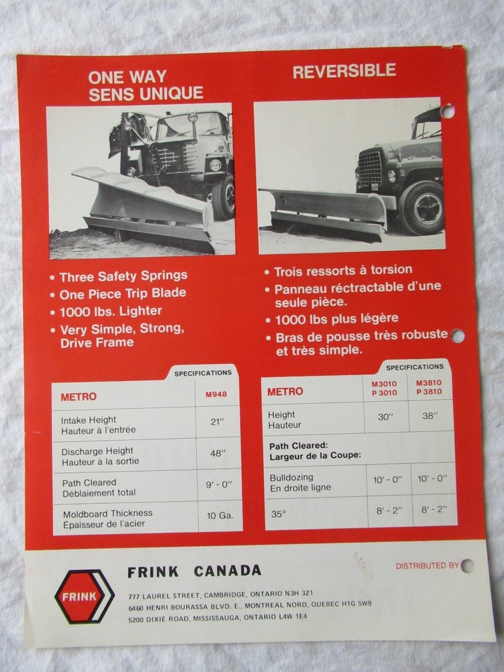 Frink Metro Light Snow Plow Snowplow Removal Specification Sheet Brochure | eBay