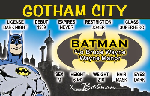 Bruce Wayne BATMAN the Dark Knight ID card Drivers License - for Adam ...