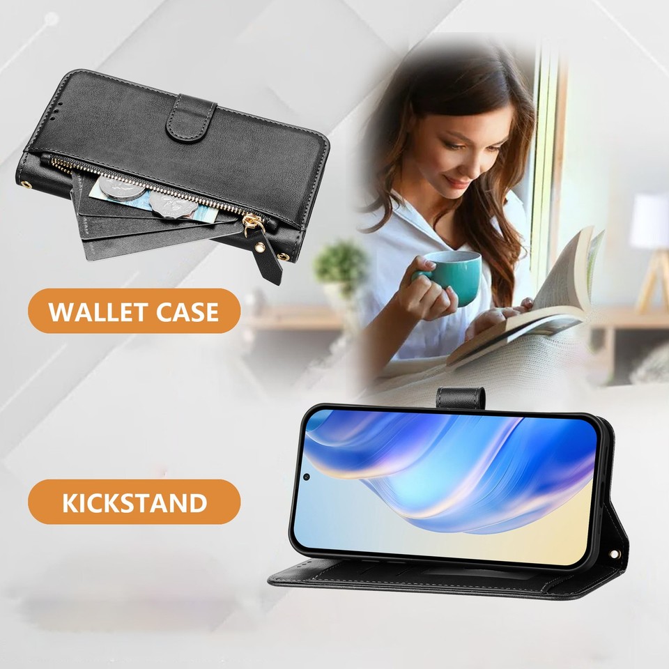 Zipper Leather 7 Cards Wallet Case For Various Phone Crossbody Flip ...