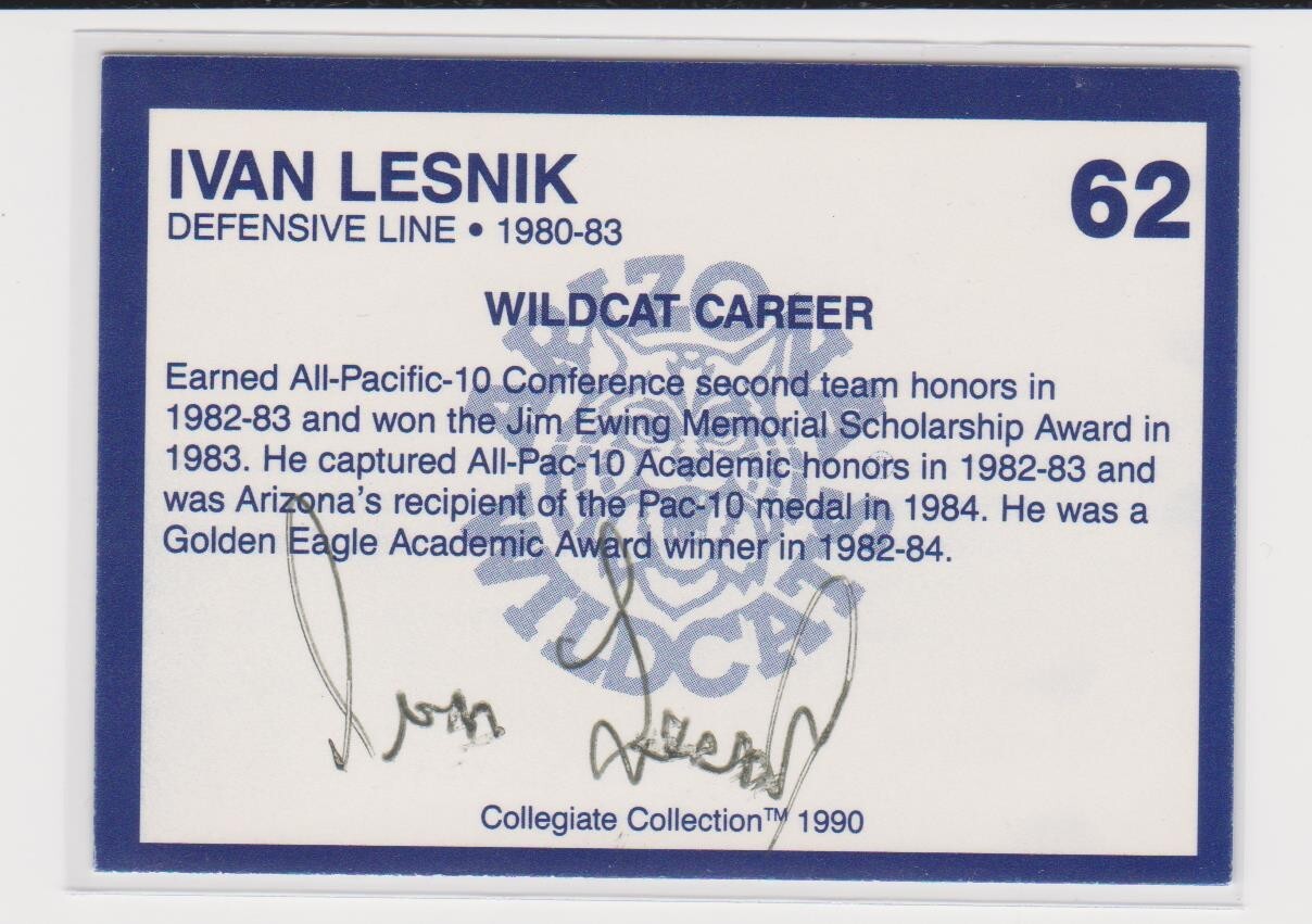IVAN LESNIK ARIZONA UNIVERSITY AUTOGRAPHED FOOTBALL CARD HARD TO FIND ...