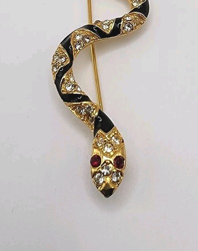 Vintage Snake Rhinestone Gold Tone Black Enamel Red Eyes Serpent Brooch ...
