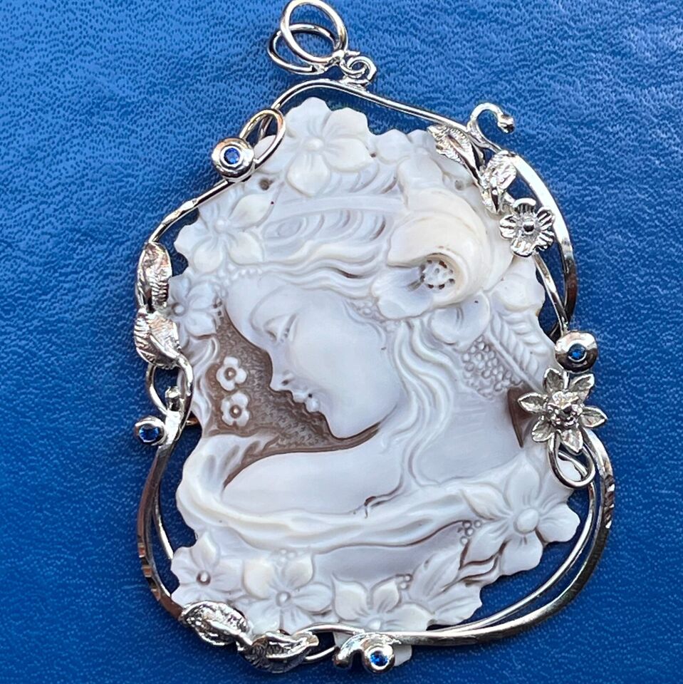 Shell Cameo woman's profie Pendant Sterling Silver Frame Italy gift for ...