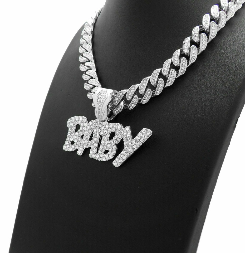 Hip Hop Lil BABY Silver Plated Cubic Zirconia Pendant Iced Cuban Chain ...