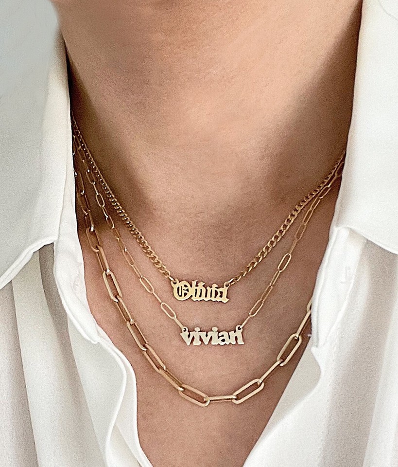 14K Yellow Gold Personalized Custom Name Pendant Paperclip Chain ...