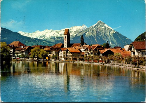 Postcard Switzerland Interlaken Unterseen Church Mountains View | eBay
