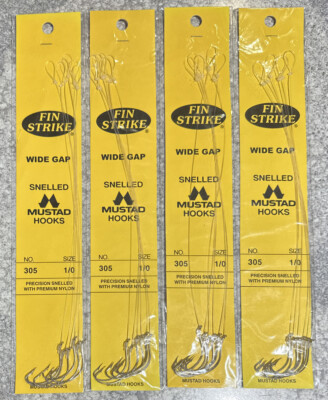 4 Packs Fin Strike Snelled Fluke Weakfish Wide Gap Hooks Size 1/0 #305 ...