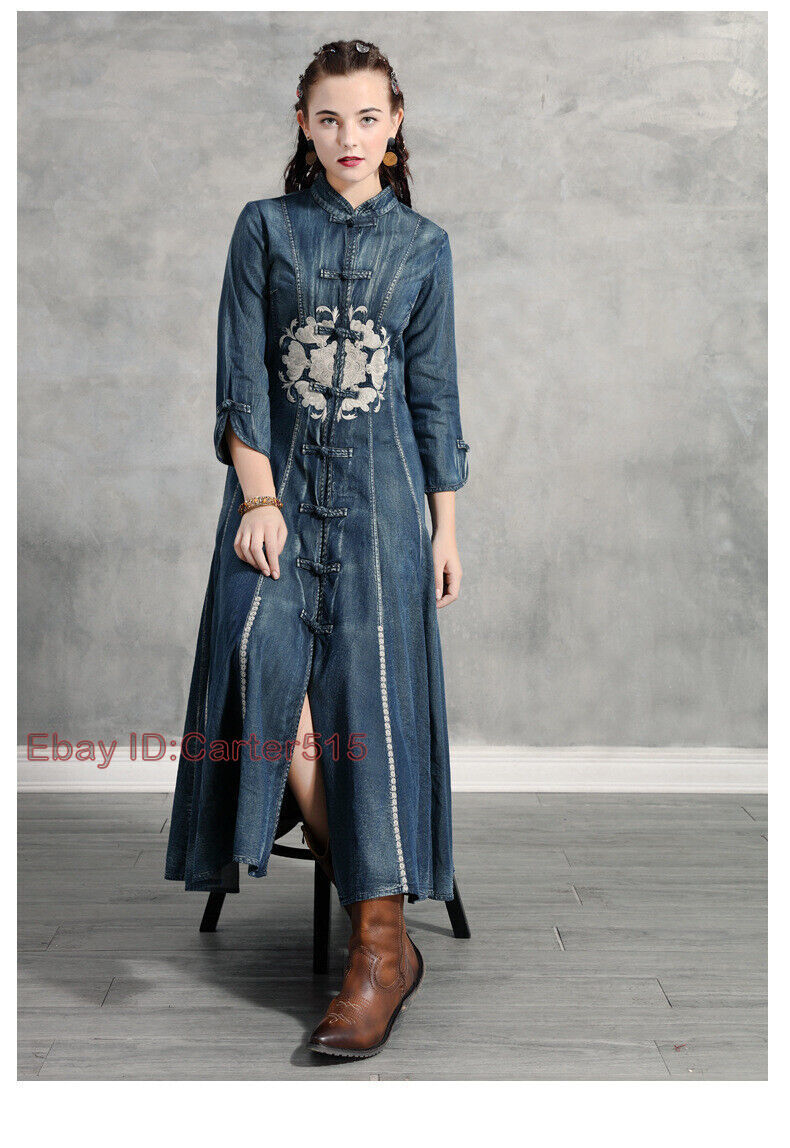 Ladies Embroidered Disc Button Dress Chinese Style Retro Stand Collar ...