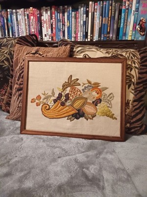 Vintage cornucopia horn of plenty wood framed needle work wall art. | eBay
