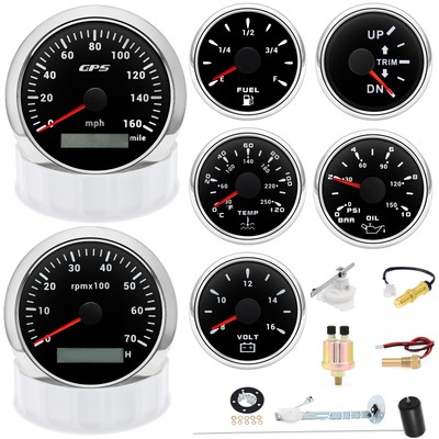 7 Gauge Set GPS Speedometer 160MPH Tacho Fuel/Temp/Oil/VolT/Trim Gauge ...