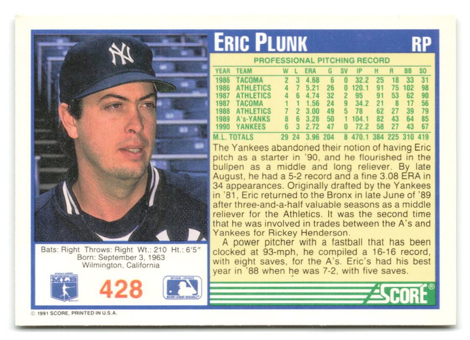 1991 Score Eric Plunk #428 New York Yankees BASEBALL Card | eBay